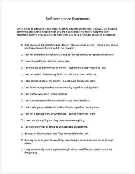 Working Out Worries And Self Acceptance Statements Checklist And Workshe