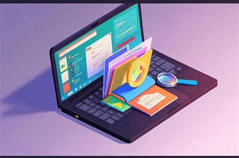 Flat 3d Isometric Laptop Computer With Folders And Magnifying Glass On Screen Data Analysis And