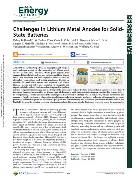 Hatzell Et Al 2020 Challenges In Lithium Metal Anodes For Solid State