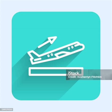 긴 그림자로 격리 된 흰색 라인 평면 이륙 아이콘 비행기 수송 기호 녹색 정사각형 버튼입니다 벡터 개념에 대한 스톡 벡터 아트 및 기타 이미지 Istock