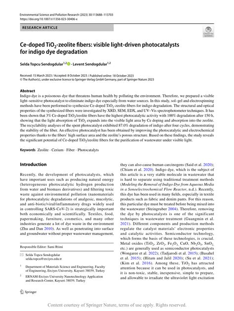 Ce Doped Tio2 Zeolite Fibers Visible Light Driven Photocatalysts For