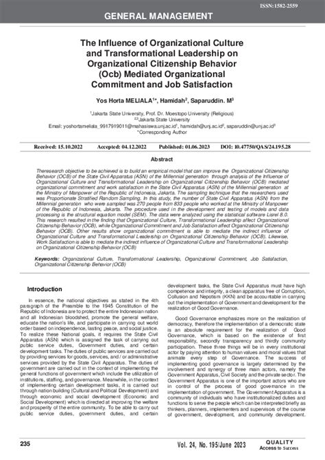 Pdf The Influence Of Organizational Culture And Transformational Leadership On Organizational