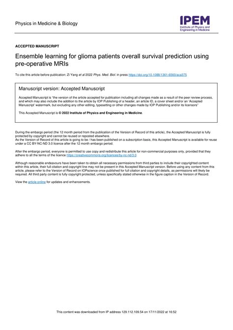 Pdf Ensemble Learning For Glioma Patients Overall Survival Prediction Using Pre Operative Mris