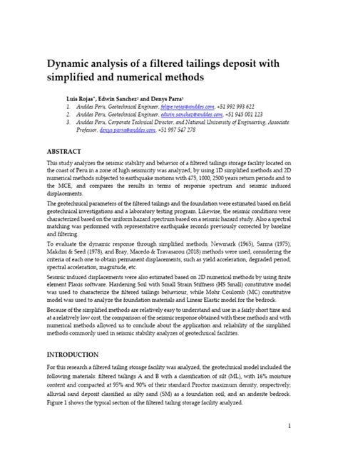 Dynamic Analysis Of A Filtered Tailings Deposit With Simplified And Numerical Methods Felipe