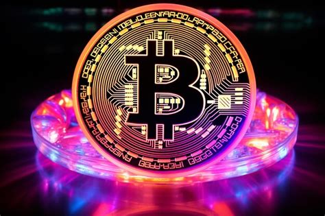 Premium Photo Close Up Of Metal Shiny Bitcoin Crypto Currency Coins In Neon Light Generative Ai