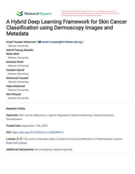 Pdf A Hybrid Deep Learning Framework For Skin Cancer Classification Using Dermoscopy Images