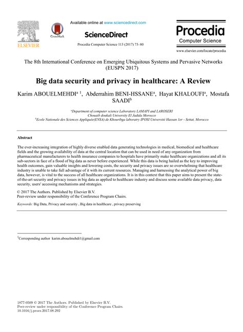 Pdf Big Data Security And Privacy In Healthcare A Review