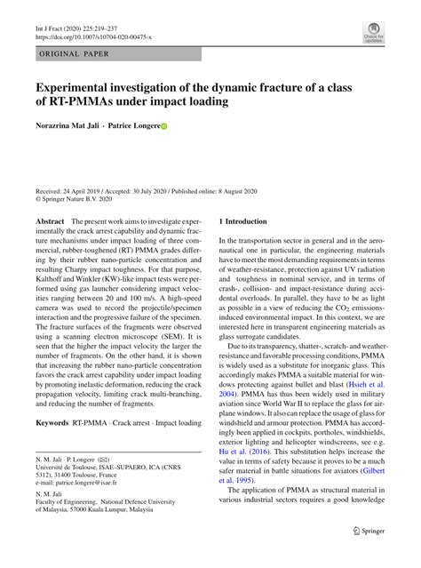 Pdf Experimental Investigation Of The Dynamic Fracture Of A Class Of Rt Pmmas Under Impact Loading