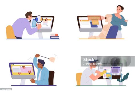 고립된 여성과 남성 프로그래머 qa 엔지니어가 소프트웨어 오류를 확인하고 버그를 잡는다 개발에 대한 스톡 벡터 아트 및 기타