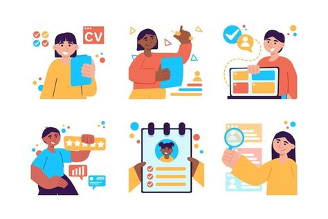 Hr 관리자는 평면 만화 디자인에서 사람 장면으로 색상 개념을 설정했습니다 프리미엄 벡터