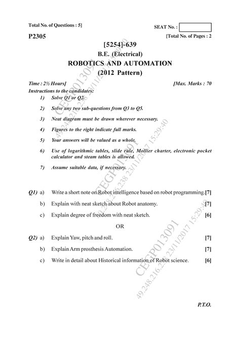 robotics and automation total no of questions 5