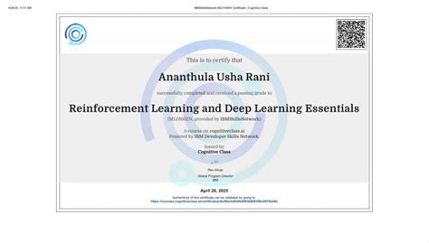 Ibm Cognitiveclass Deeplearning Reinforcementlearning Ai… Ananthula Usha Rani