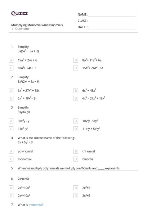 50 Monomials Operations Worksheets On Quizizz Free And Printable