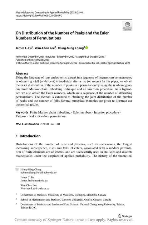 On Distribution Of The Number Of Peaks And The Euler Numbers Of