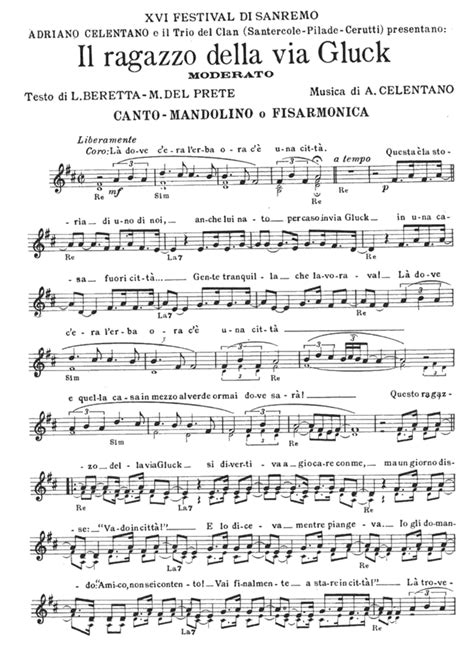Adriano Celentano IL RAGAZZO DELLA VIA GLUCK Sheet Music Easy Sheet Music