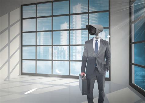 Businessman With Cctv Head With Interface Stock Image Image Of Bureau Dark 102011863