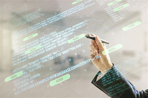 Premium Photo Man Hand With Pen Working With Abstract Virtual Coding Illustration On Blurred