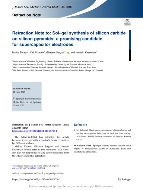 Retraction Note To Solgel Synthesis Of Silicon Carbide On Silicon