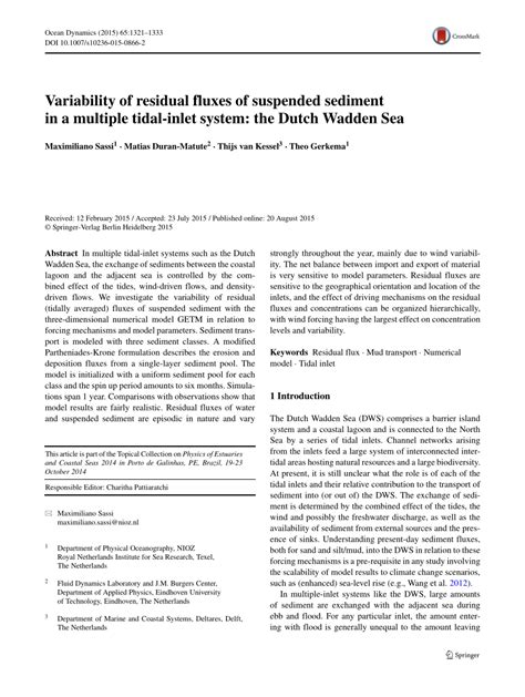 Pdf Variability Of Residual Fluxes Of Suspended Sediment In A
