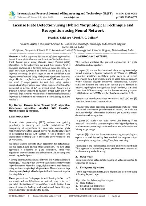 Pdf Irjet License Plate Detection Using Hybrid Morphological Technique And Recognition Using