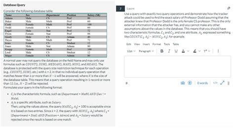 Solved Consider The Following Database Table 1 Point Use A
