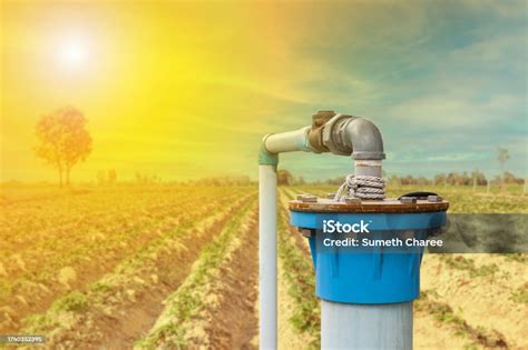 지하수 우물을 뚫고 Pvc 파이프로 물을 공급하고 지하수 펌핑 시스템은 가뭄 문제를 해결하기 위해 전기로 구동됩니다 카사바 농장 음모에서 0명에 대한 스톡 사진 및 기타
