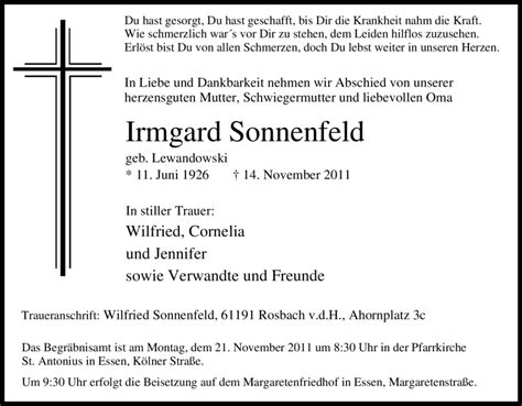 Traueranzeigen Von Irmgard Sonnenfeld Trauer In Nrw De
