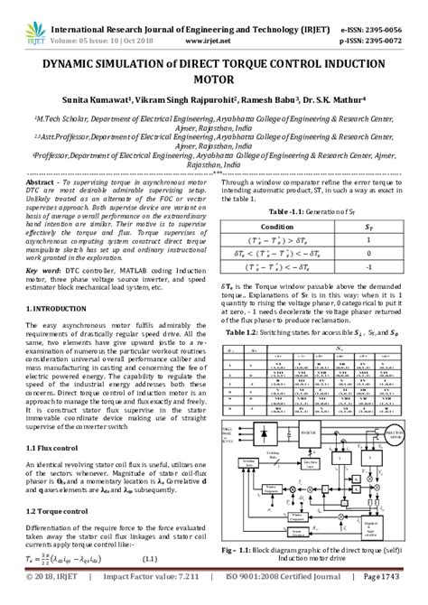 Pdf Irjet Dynamic Simulation Of Direct Torque Control Induction Motor