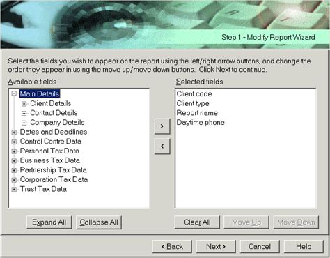 screenshot modify report wizard step 1