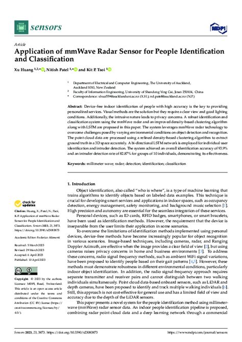 Pdf Application Of Mmwave Radar Sensor For People Identification And