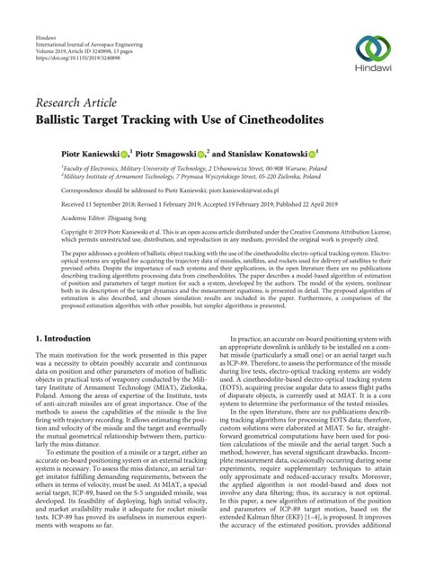 Pdf Ballistic Target Tracking With Use Of Cinetheodolites