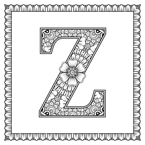 멘디 스타일 색칠하기 책 페이지 개요 Handdraw 벡터 일러스트 레이 션에 꽃으로 만든 편지 Z 프리미엄 벡터