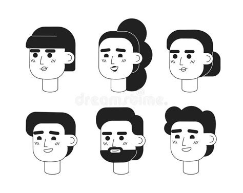Pleasant Satisfied Men Women Monochromatic Flat Vector Character Heads Set Stock Vector