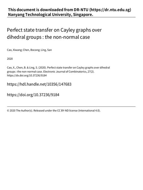 7 Perfect State Transfer On Cayley Graphs Over Dihedral Groups The Non Normal Case Pdf Group