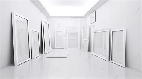 3d 환경에서 흰색 벽과 많은 수의 유리 세로 프레임이 있는 빈 갤러리 흰색 배경의 그림 배경 일러스트 및 사진 무료 다운로드