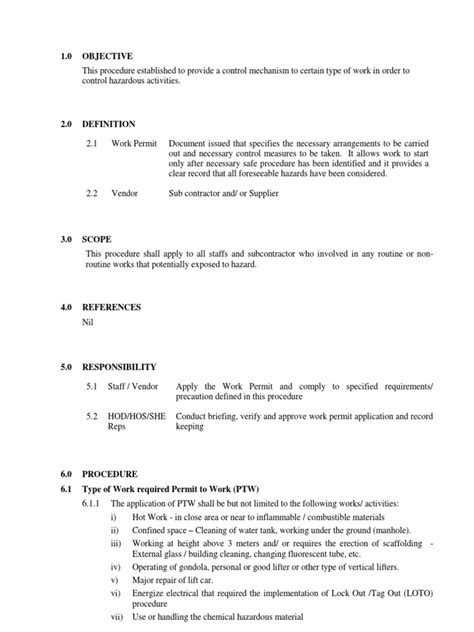 Ptw Procedure Pdf Personal Protective Equipment Safety