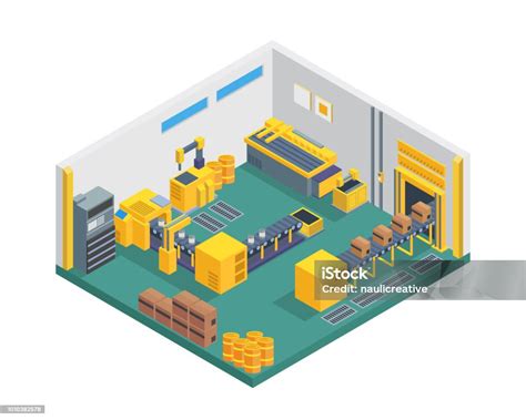 컨베이어 벨트 기계 일러스트와 함께 현대 아이소메트릭 공장 제조 인테리어 공장 산업 건물에 대한 스톡 벡터 아트 및 기타 이미지 공장 산업 건물 등측투영법 실내