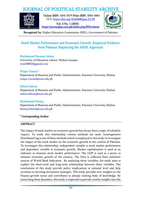 Pdf Stock Market Performance And Economic Growth Empirical Evidence From Pakistan Employing