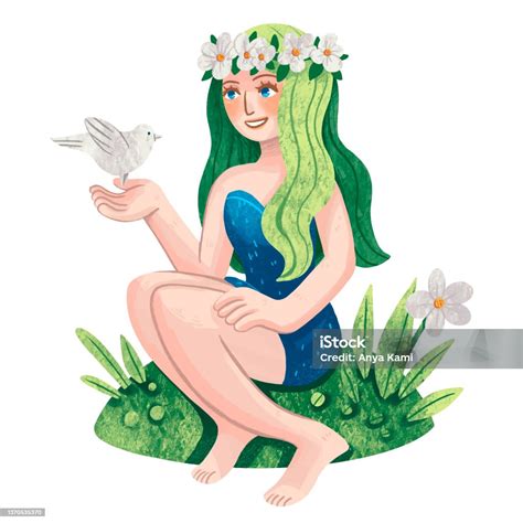 그림 봄 소녀 3 월 8 에 A 화환 에 A 흰색 새 에 그녀의 팔에 A 클리어링 드레스에 대한 스톡 벡터 아트 및 기타 이미지 드레스 여자 International