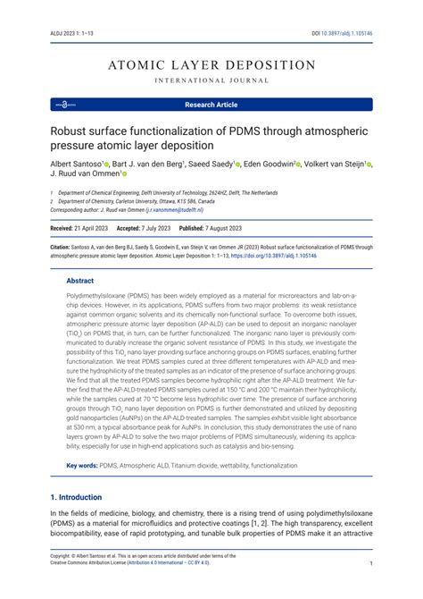 Pdf Robust Surface Functionalization Of Pdms Through Atmospheric Pressure Atomic Layer Deposition