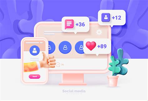 소셜 미디어 사용자 인터페이스가 있는 컴퓨터 및 스마트폰 컴퓨터 및 스마트폰용 템플릿입니다 새로운 좋아요 댓글 팔로워와 소셜 네트워크 사용자 인터페이스 벡터 일러스트 3d