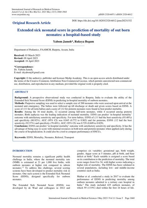 PDF Extended Sick Neonatal Score In Prediction Of Mortality Of Out Born Neonates A Hospital