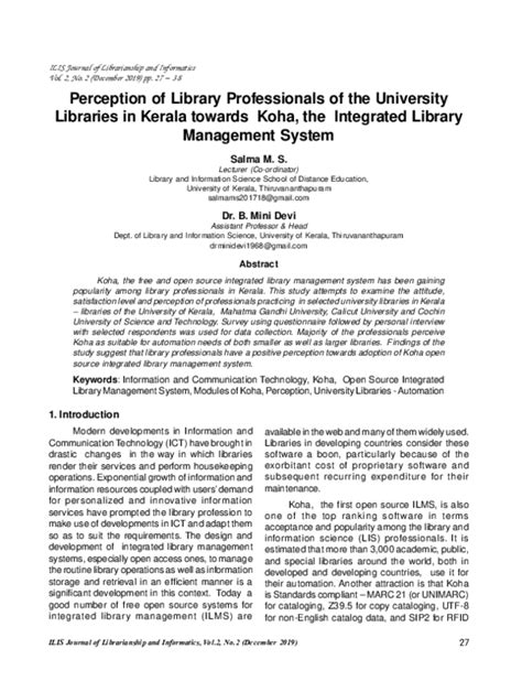 Pdf Perception Of Library Professionals Of The University Libraries In Kerala Towards Koha