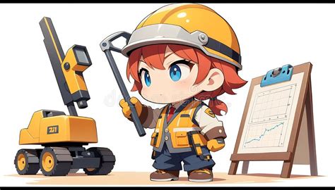 Kawaii Chibi Construction Worker With Robot And Graph Safety First
