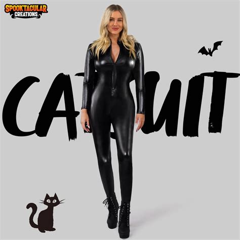Women Black Metallic Catsuit Bodysuit Costume For Adult Halloween Dres