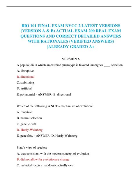 Bio 101 Exam 1 2 3 And Final Nvcc Complete Course Actual Exam Real Exam Questions And Correct