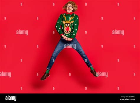 Full Length Body Size View Of Nice Funky Cheerful Guy Nerd Jumping Having Fun Eve Isolated Over