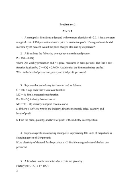 Micro Problem Set Practice Sets For Miceoeconomics Semester Problem Set Micro A