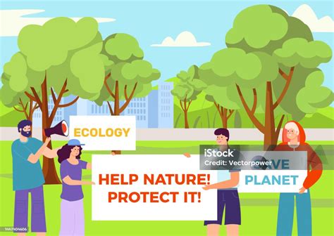 자연 생태학 벡터 일러스트레이션 평평한 사람들 캐릭터가 지구를 구하고 환경 표지판 데모를 보호하는 배너를 들고 항의합니다 개념에 대한 스톡 벡터 아트 및 기타 이미지