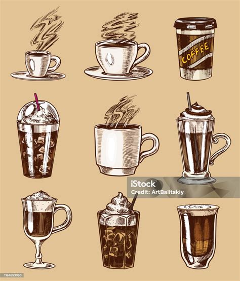 빈티지 스타일의 커피 곡물 코코아 잎 계피 스틱 컵과 주전자 커피 메이커와 우유 한 봉지 캘리그래픽 비문 레이블에 대한 손으로